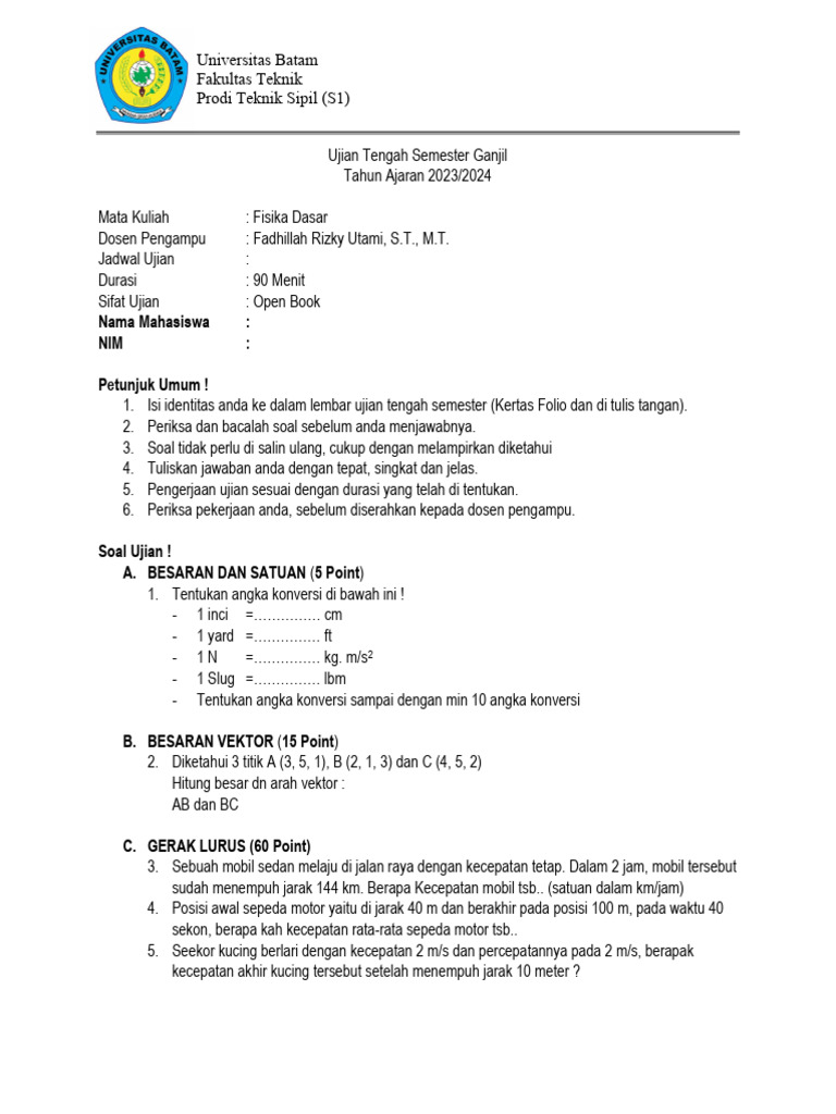 Soal UTS FISIKA DASAR Ganjil 2023 2024 | PDF