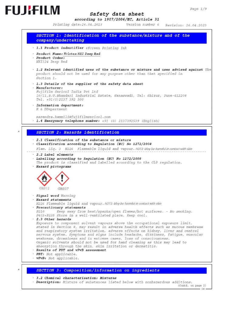 NXI124, Deep Red SDS - 2023 | PDF | Dangerous Goods | Toxicity