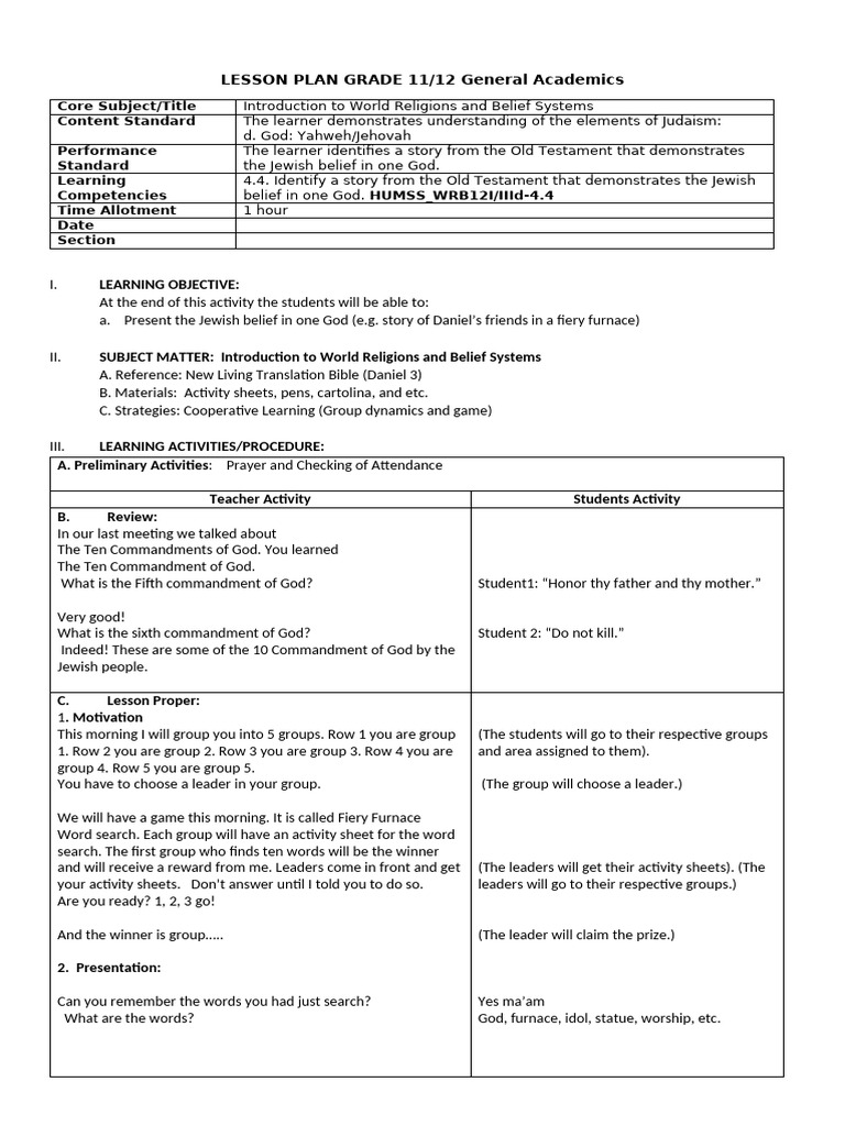 LESSON PLAN GRADE 12updated | PDF | Shadrach, Meshach, And Abednego ...