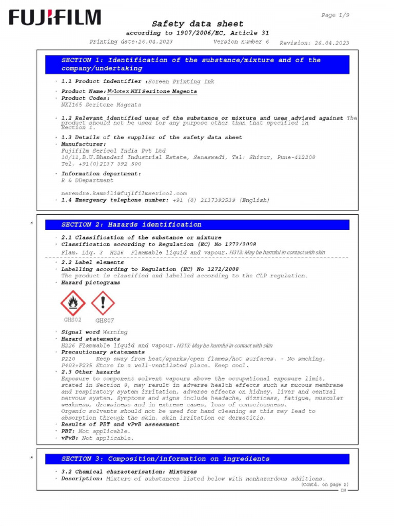 NXI165, Seritone Magenta SDS - 2023 | PDF | Dangerous Goods | Toxicity