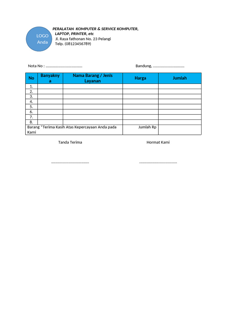 Format Nota Word untuk Layanan Komputer | PDF