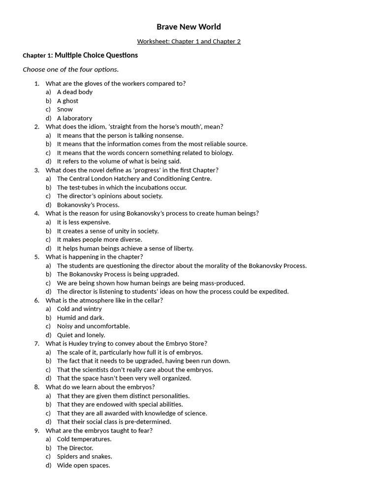 Brave New World Chapter 1-2 Worksheet | PDF