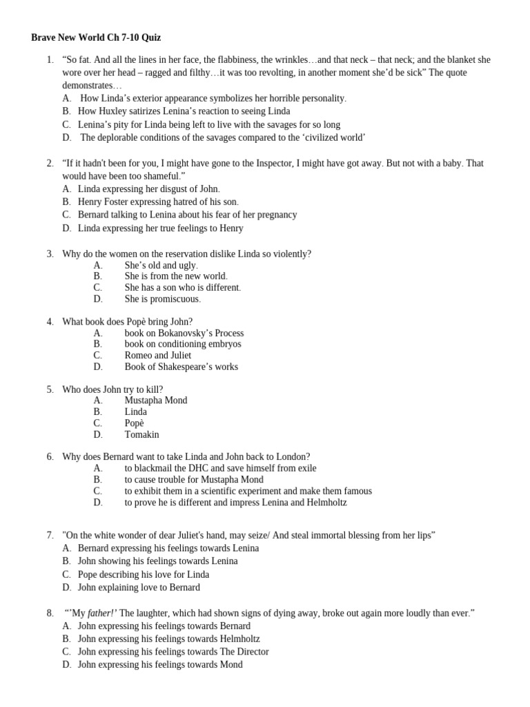 BraveNewWorldChapters710Quiz 1 | PDF
