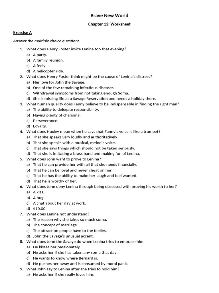 Brave New World Chapter 13 Worksheet | PDF