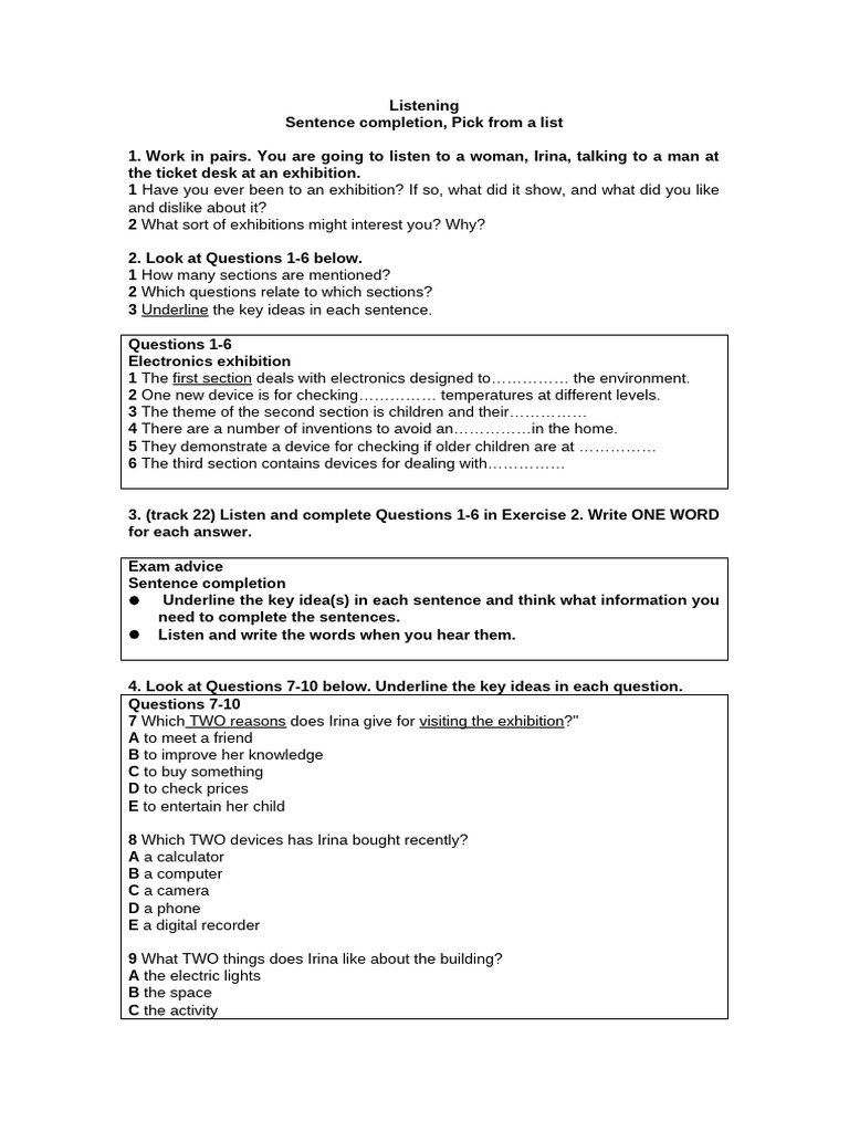 Day 4 Listening Sentence Completion Pick From A List | PDF
