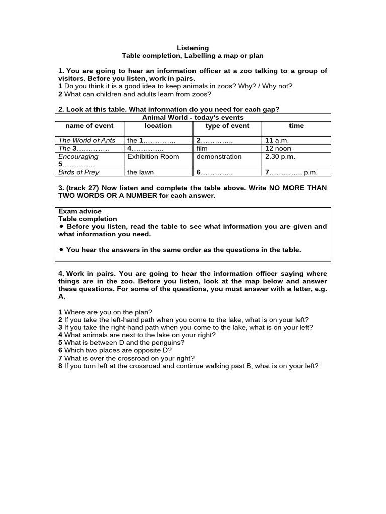 Day 5 Listening Table completion & Labelling a map or plan | PDF