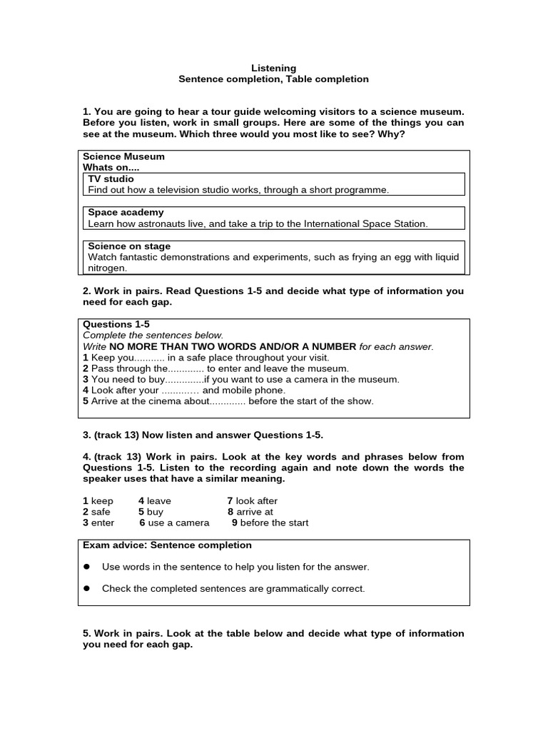 Day 8 Listening Sentence Completion & Table Completion | PDF ...