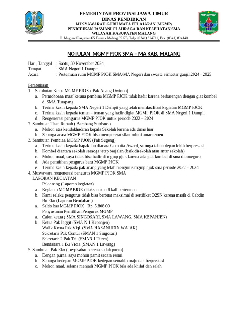 Notulan Rapat MGMP Pjok Sma | PDF