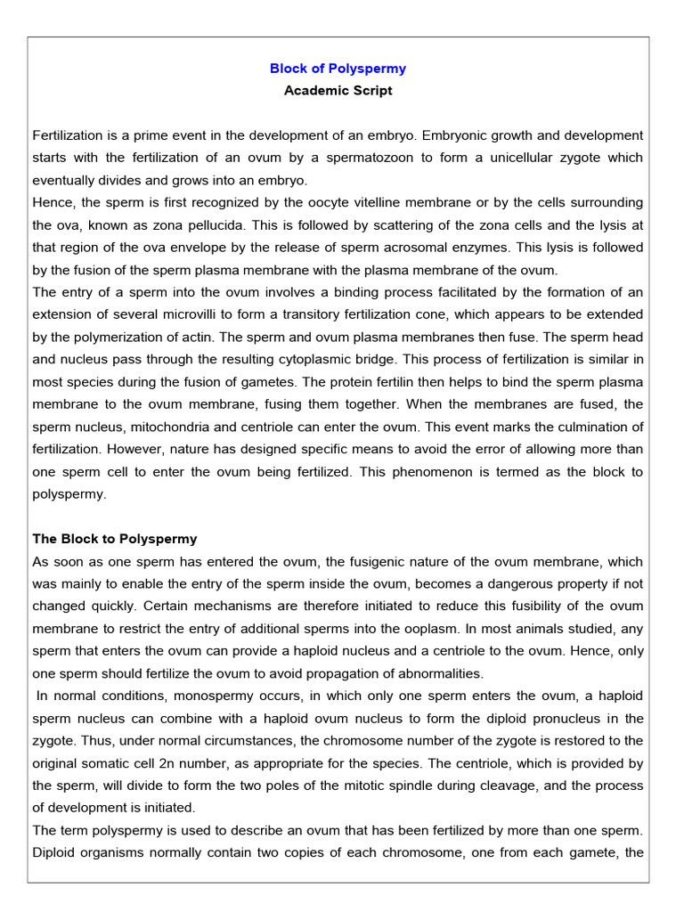 Block to Polyspermy in Fertilization | PDF | Fertilisation | Ploidy