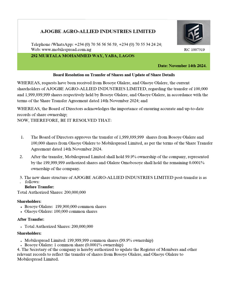 Share Transfer Resolution | PDF | Board Of Directors | Business