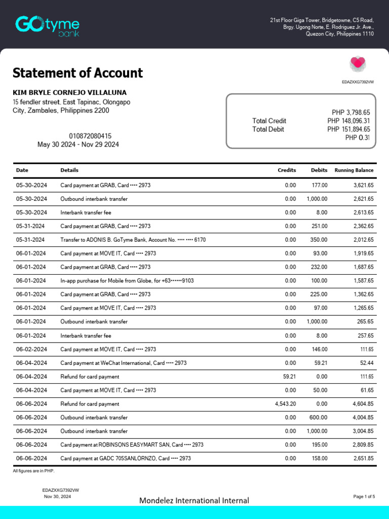 GoTyme Bank Statement Overview | PDF | Debit Card | Payments