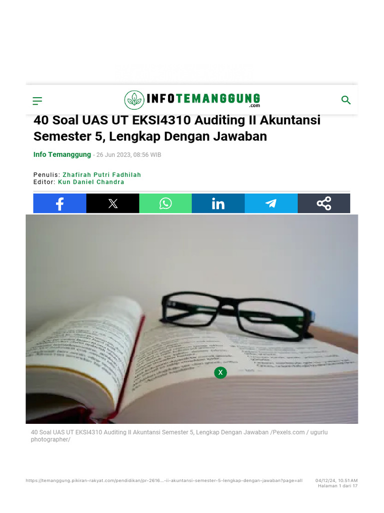 40 Soal UAS UT EKSI4310 Auditing II Akuntansi Semester 5, Lengkap Dengan Jawaban | PDF