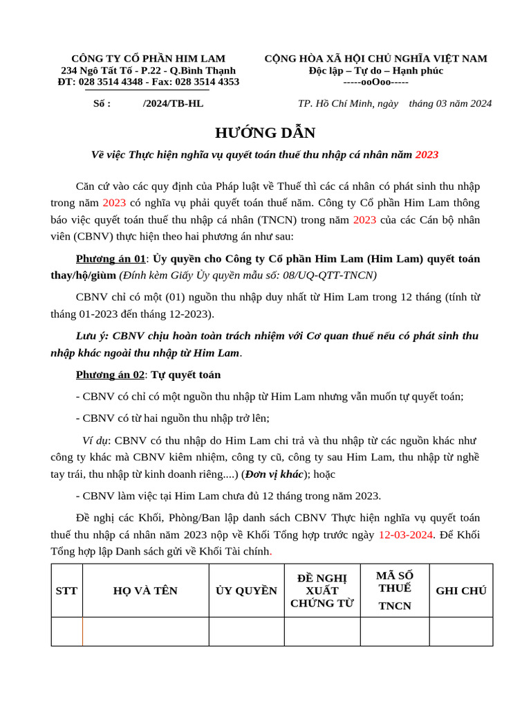 Huong Dan Nghia Vu Quyet Toan Thue Thu Nhap CA Nhan Nam 2023 | PDF