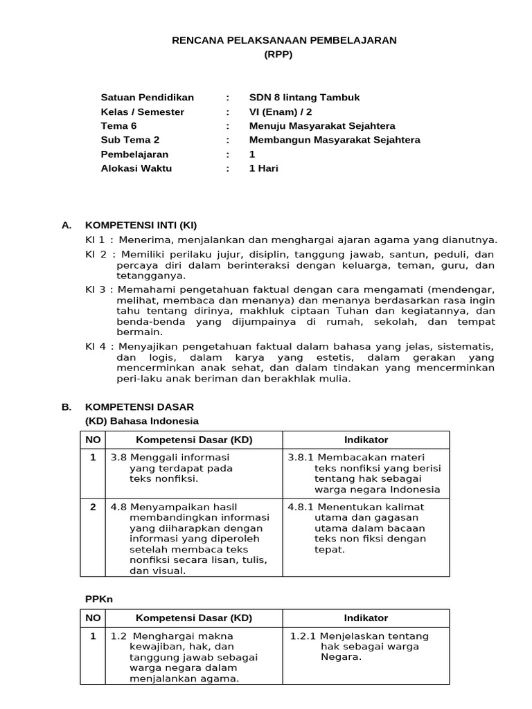 RPP Kelas 6 SMT 2 Diponnnn | PDF