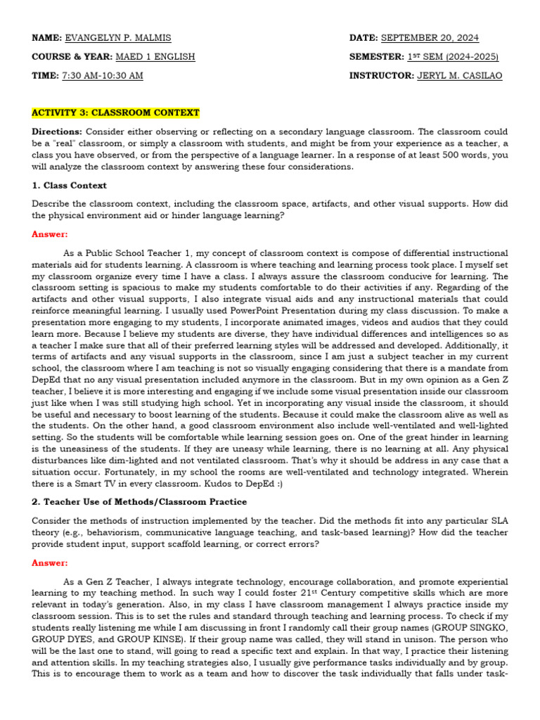 TASK 3 - EVANGELYN MALMIS | PDF | Learning | Classroom