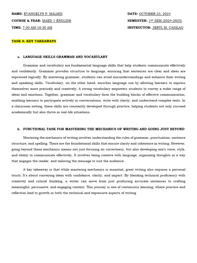 Task 4 - Evangelyn P. Malmis | PDF | Literacy | Vocabulary
