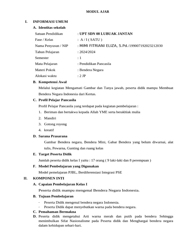 MODUL AJAR KELAS I SDN 08 LJ Bendera | PDF