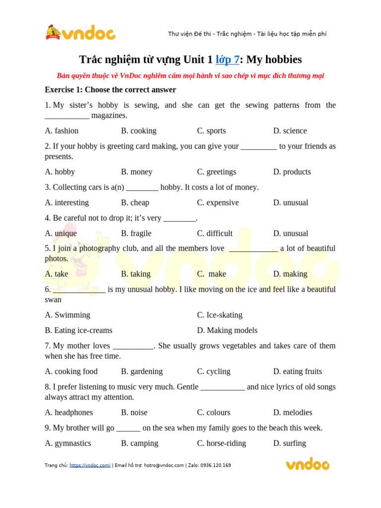 trac-nghiem-tu-vung-unit-1-lop-7-hobbies | PDF