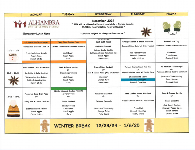 Elem Lunch Menu For Dec 2024 | PDF