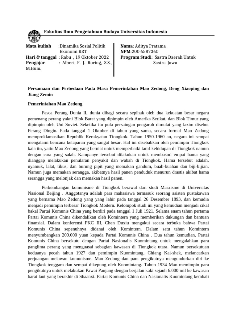 Rangkuman Pemerintahan Tiga Pemimpin RRT - Aditya Pratama | PDF