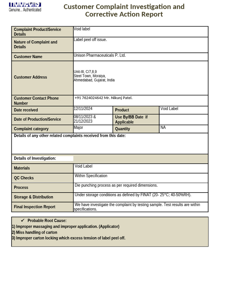 Customer Complaint Investigation Form | PDF