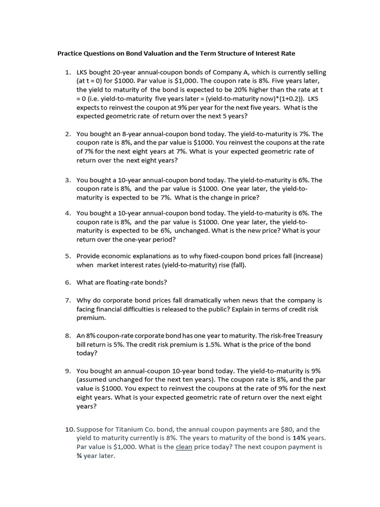 Practice Qns Bond Valuation and The Term Structure of Interest Rate | PDF | Bonds (Finance ...