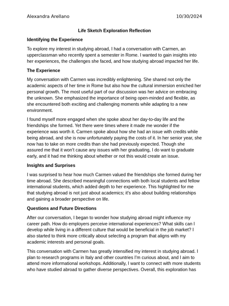 Life Sketch Exploration Reflection | PDF | Experience | Exploration