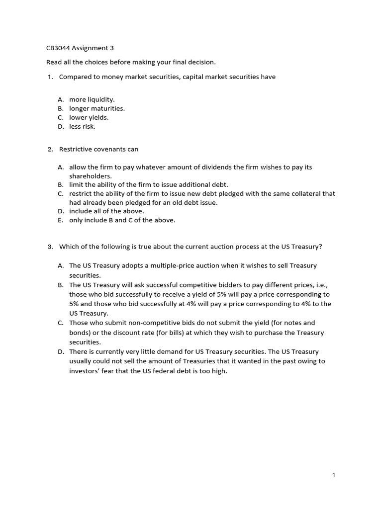 Finance Assignment: Capital Markets Quiz | PDF | Bonds (Finance) | Interest