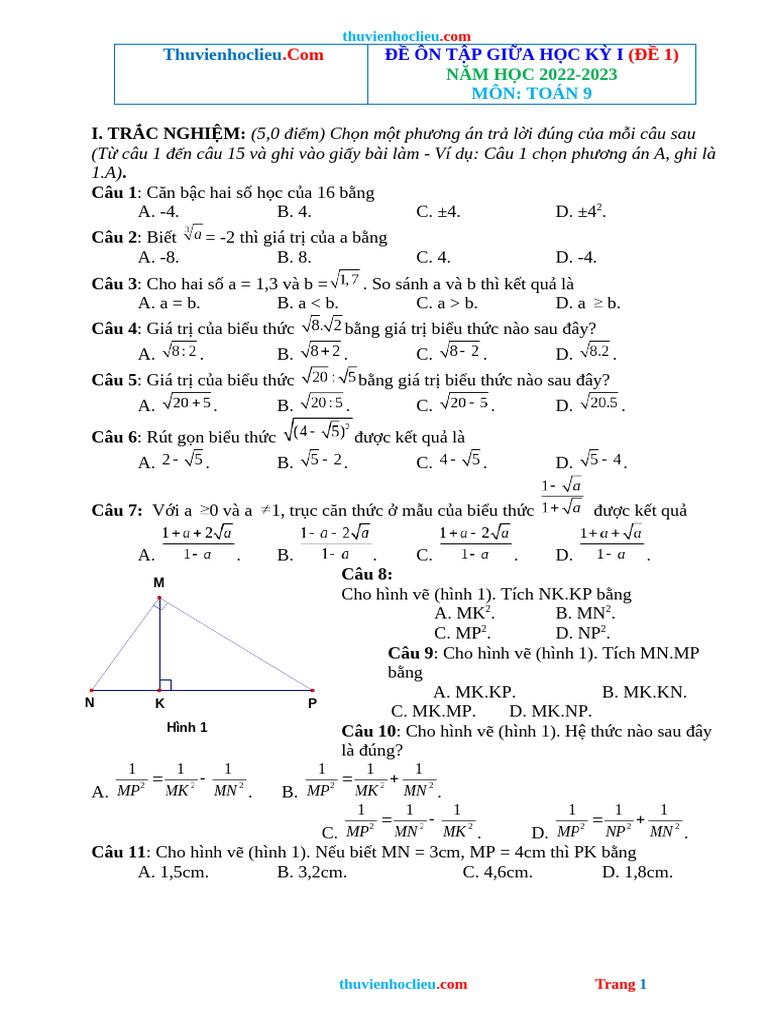 Bo de On Tap Giua HK1 Mon Toan 9 Nam 2022 2023 | PDF