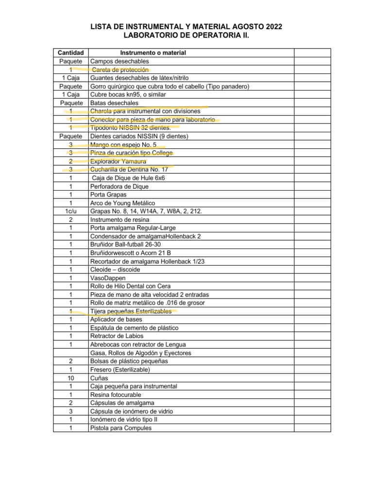 LISTA DE INSTRUMENTAL Y MATERIAL LAB OPERATORIA II 22 | PDF | Materiales