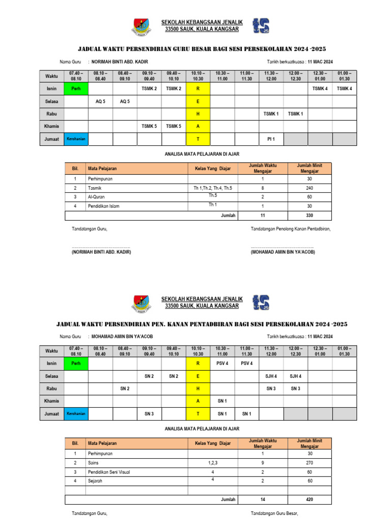 jadual peribadi guru 2024 | PDF