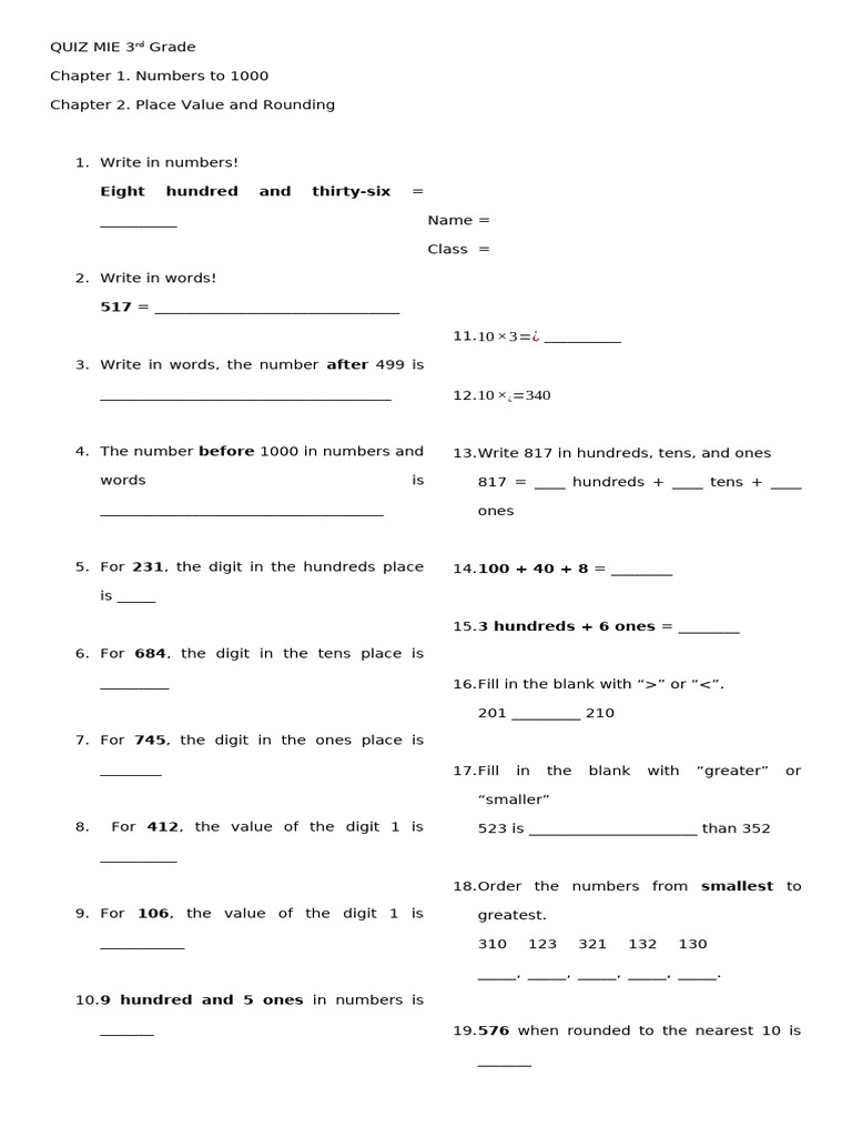 QUIZ Chapter 1 & 2 MIE 3rd Grade | PDF QUIZ Chapter 1 & 2 MIE 3rd Grade | PDF