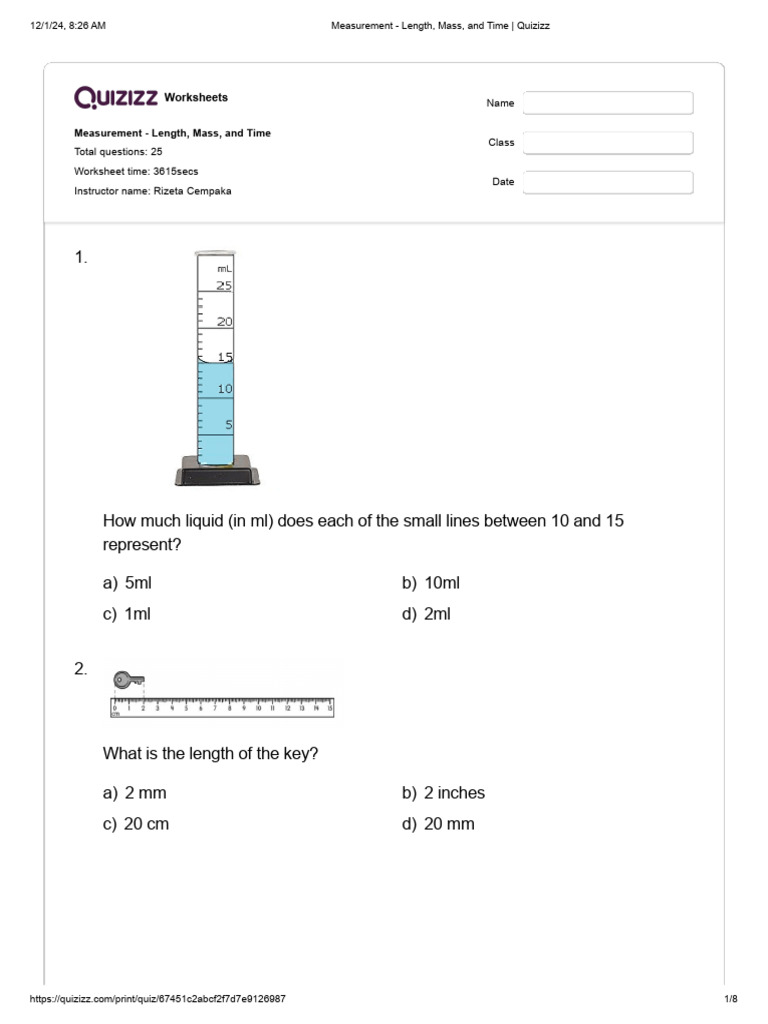 Measurement - Length, Mass, and Time - Quizizz | PDF | Metre | Measurement