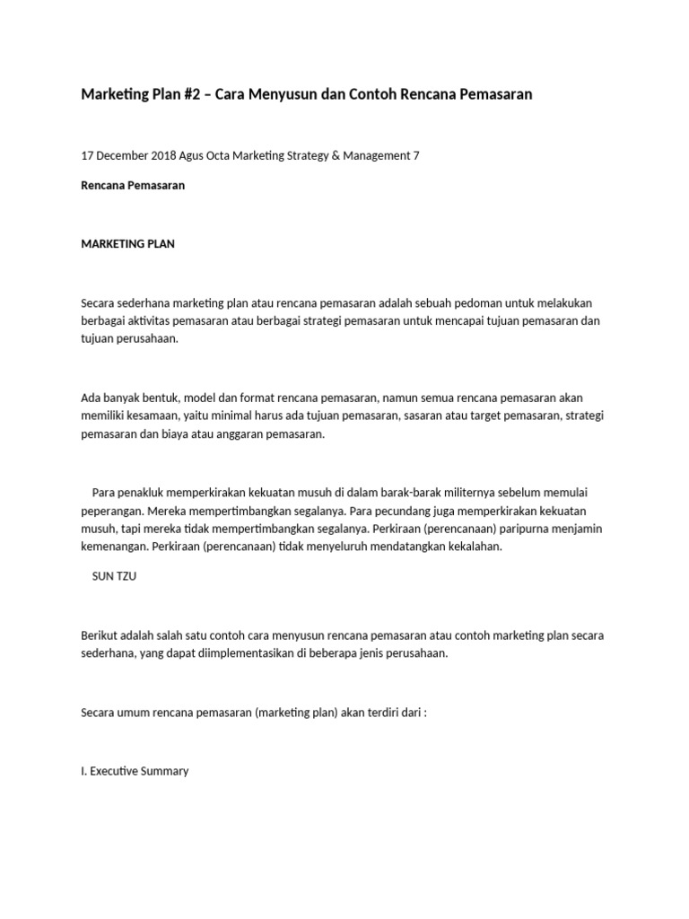 Marketing Plan #2 - Cara Menyusun Dan Contoh Rencana Pemasaran | PDF
