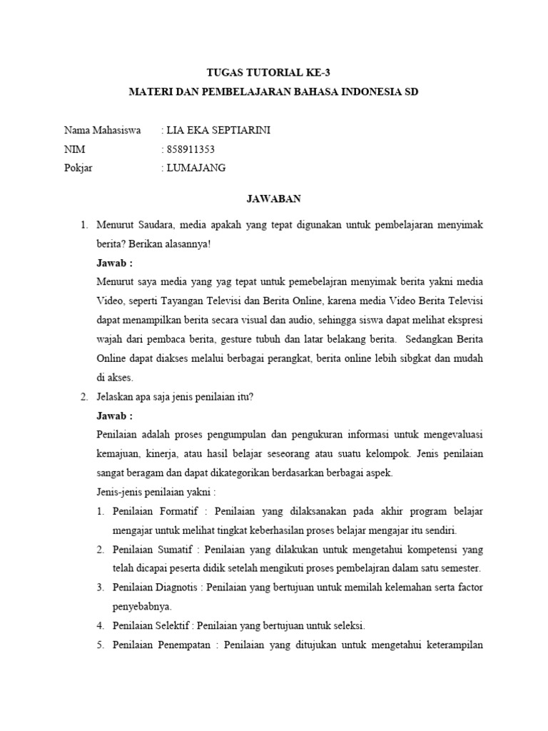 TT3 Materi Dan Pembelajaaran Bahasa Indonesia SD - Lia Eka Septiarini | PDF