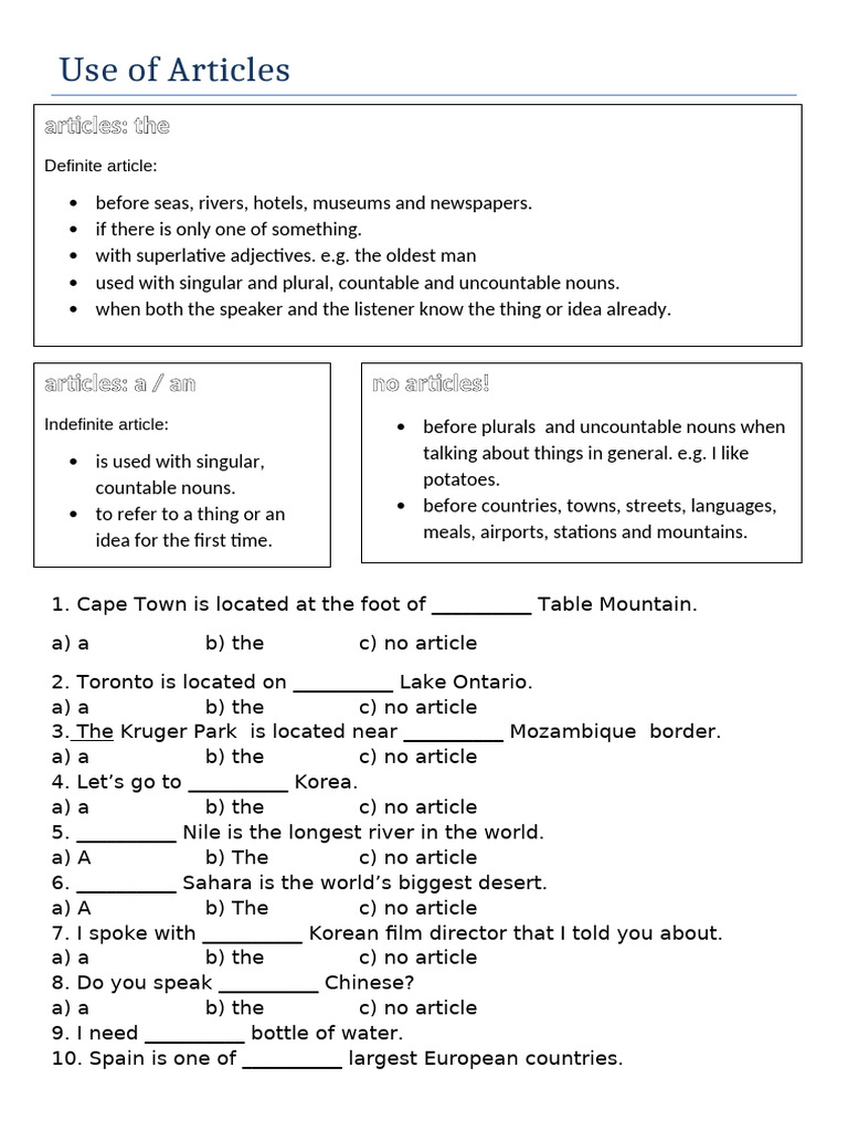 Use of Articles Grammar Drills - 103949 | PDF | Noun | Plural