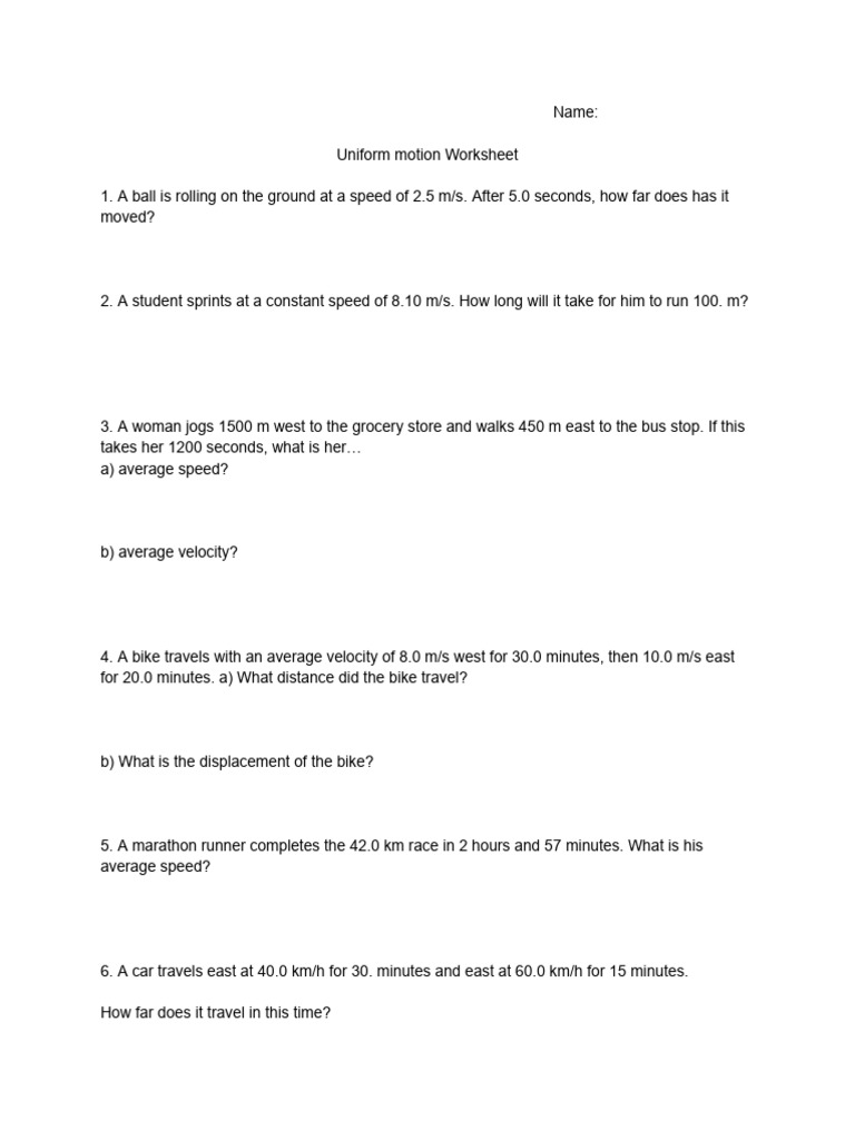 Uniform Motion Worksheet | PDF