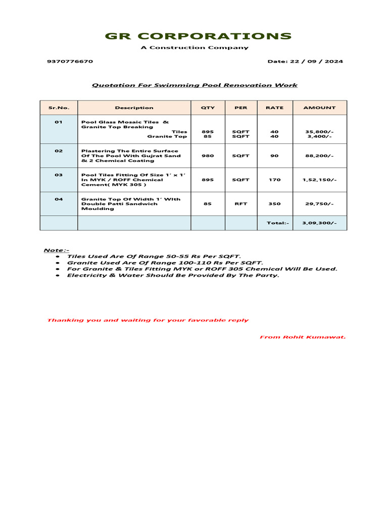 QUOTATION Swimming Pool Renovation Work | PDF