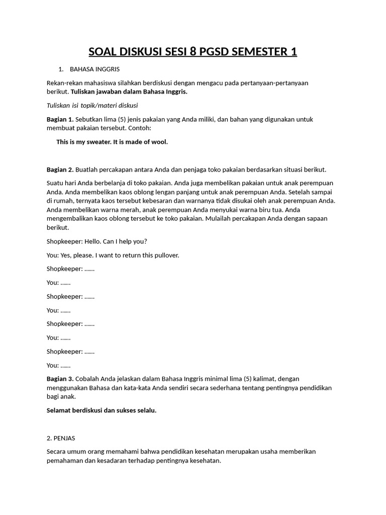 Soal Diskusi Sesi 8 PGSD Semester 1 | PDF