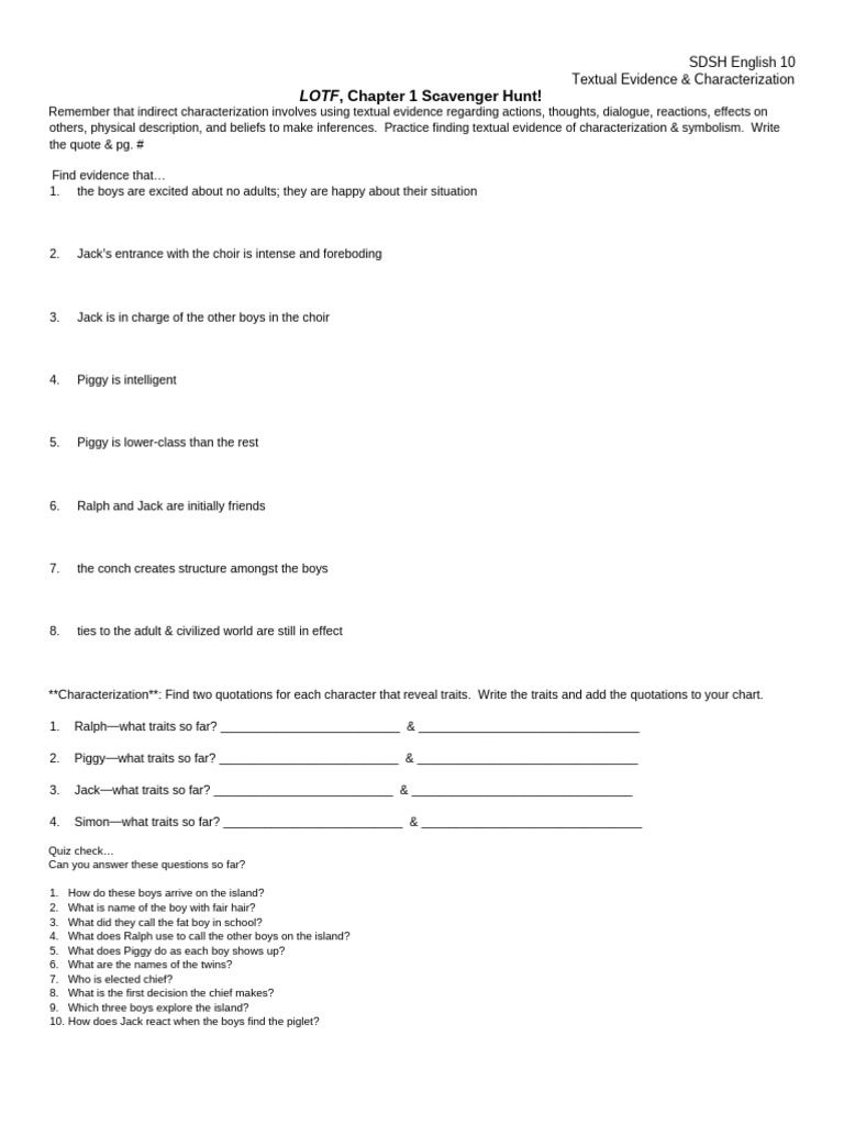 Characterization in LOTF Chapter 1 | PDF