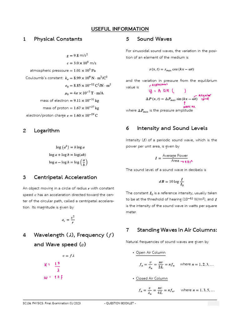 SC136 Final Exam - Formula Sheets 2023 | PDF | Temperature | Gases