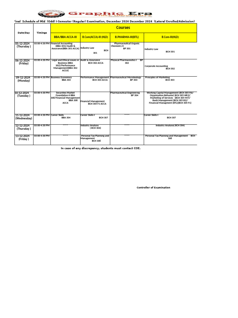 1schedule of Odd Mid Sem III and V Sem Exam December 2024 | PDF