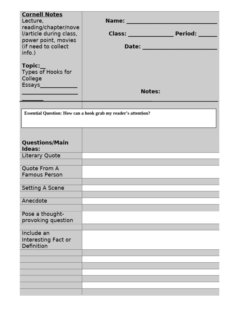 Types+of+Hooks+Cornell Notes Template Shaded (Revised) | PDF