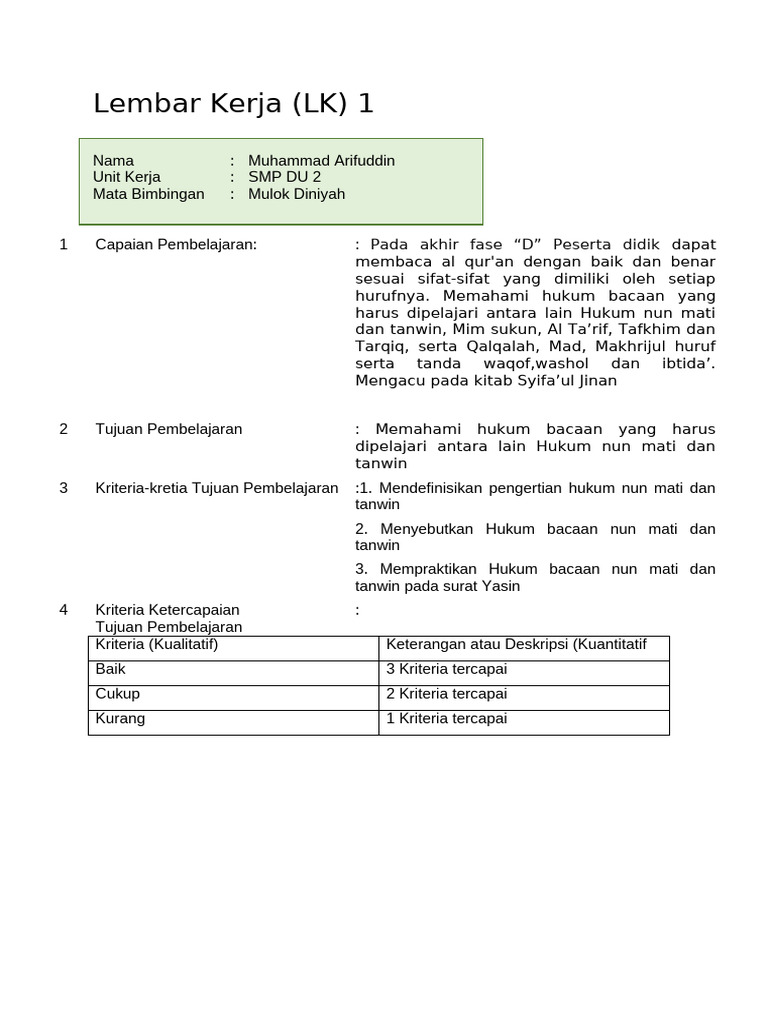 Lembar Kerja-1 Muhammad Arifuddin SMP DU 2 | PDF