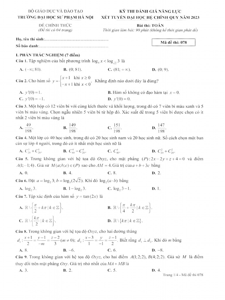 1-1-DE-Toan 078 DGNL DHSPHN 2023 | PDF