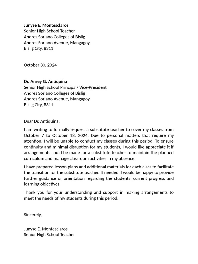 Request Letter - Sub Teacher | PDF