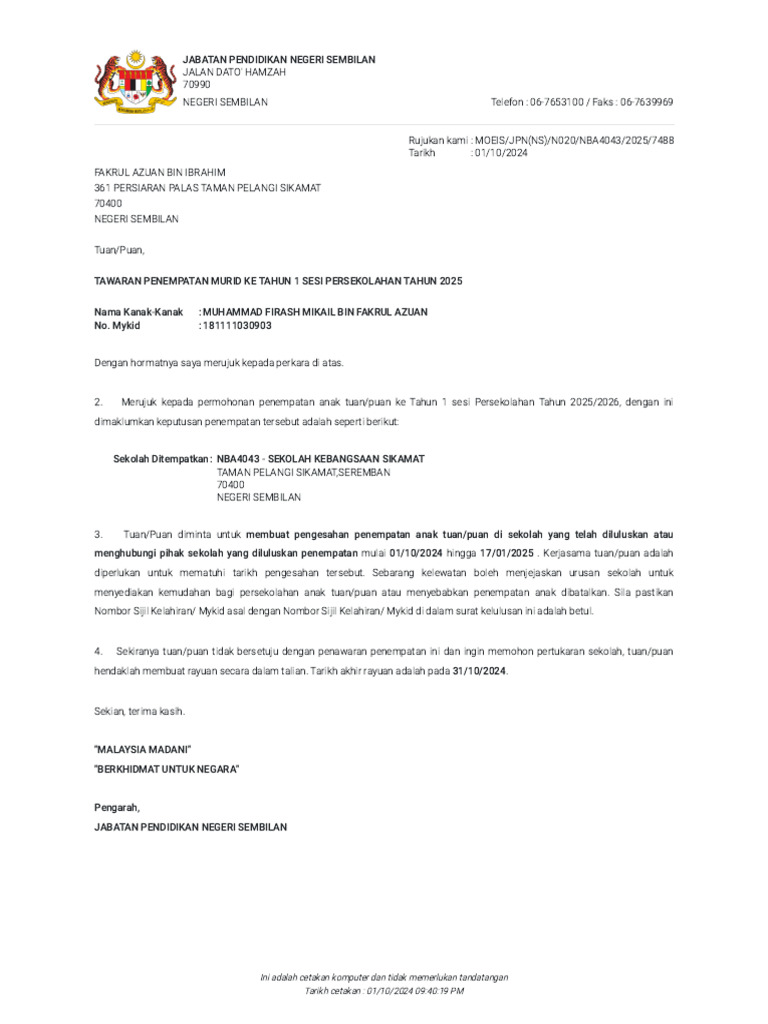 Tawaran Penempatan Tahun1 Firash | PDF