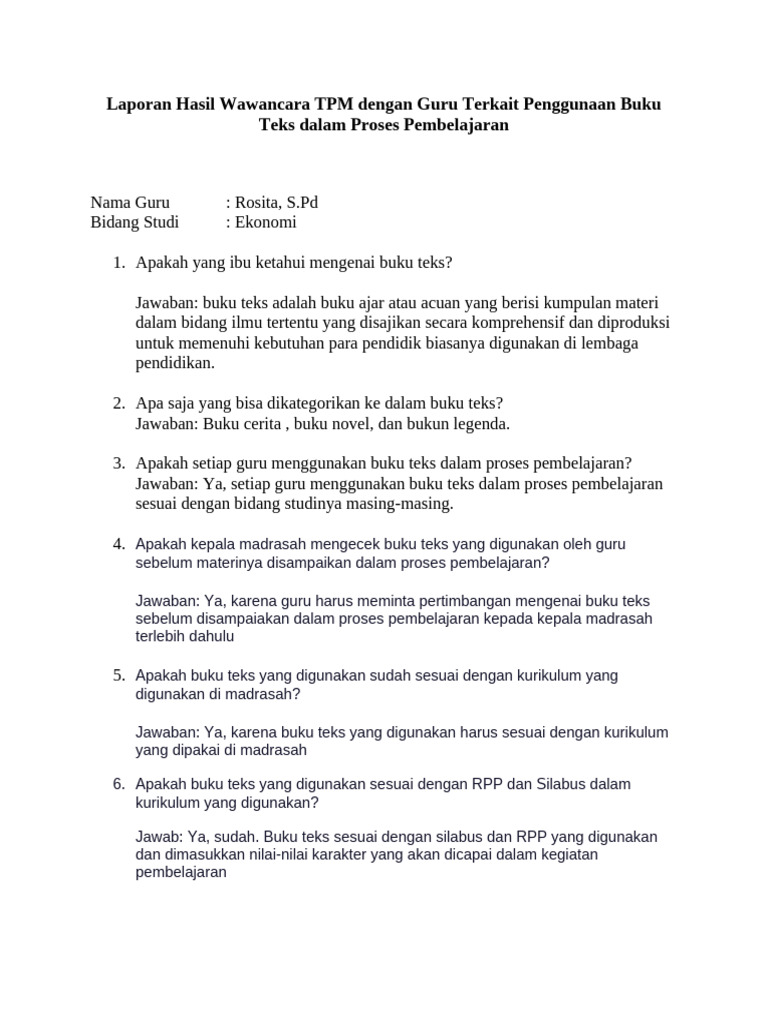 Laporan Hasil Wawancara TPM Dengan Guru Terkait Penggunaan Buku Teks Dalam Proses Pembelajaran ...