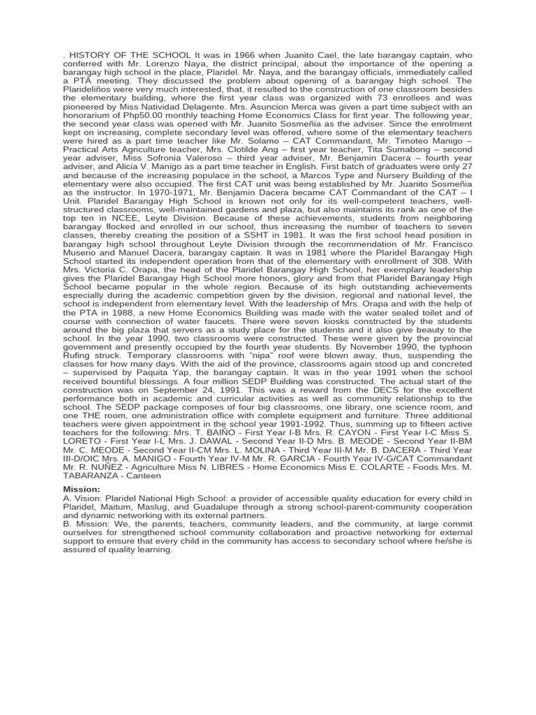 HISTORY OF THE SCHOOL It Was in 1966 When Juanito Cael | PDF