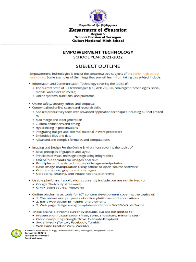 EMPOWERMENT TECHNOLOGY Outline | PDF